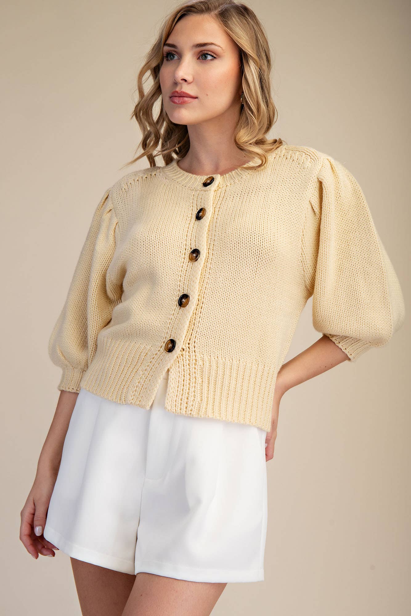 Butter Yellow Puff Sleeve Button Down Sweater – Delta Dawn Gifts